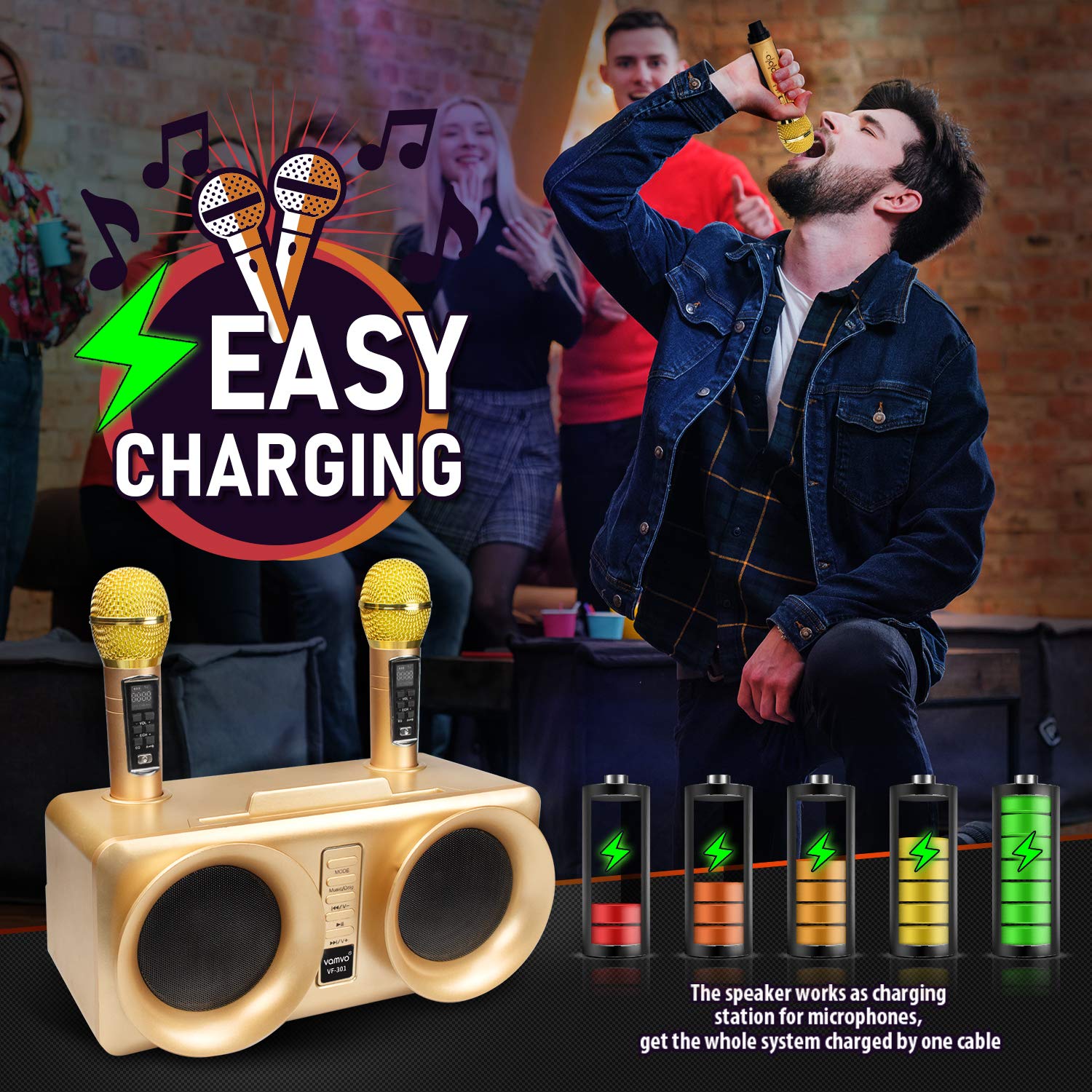 Karaoke Machine, vamvo VF-301 15W*2 Rechargeable Bluetooth Speaker with 2 Wireless Microphone, Portable PA Speaker System for Kids & Adults