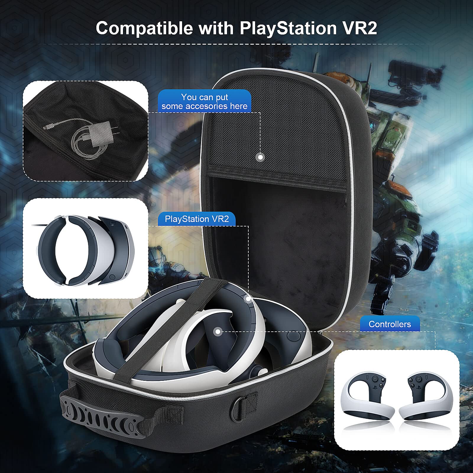QYCHHJ Hard Carrying Case for PlayStation VR2 All-in-One VR Gaming Headset and Touch Controllers, Portable Travel Cover Storage Bag with Shoulder Strap & Lens Cloth for PS VR2 Accessories, Black