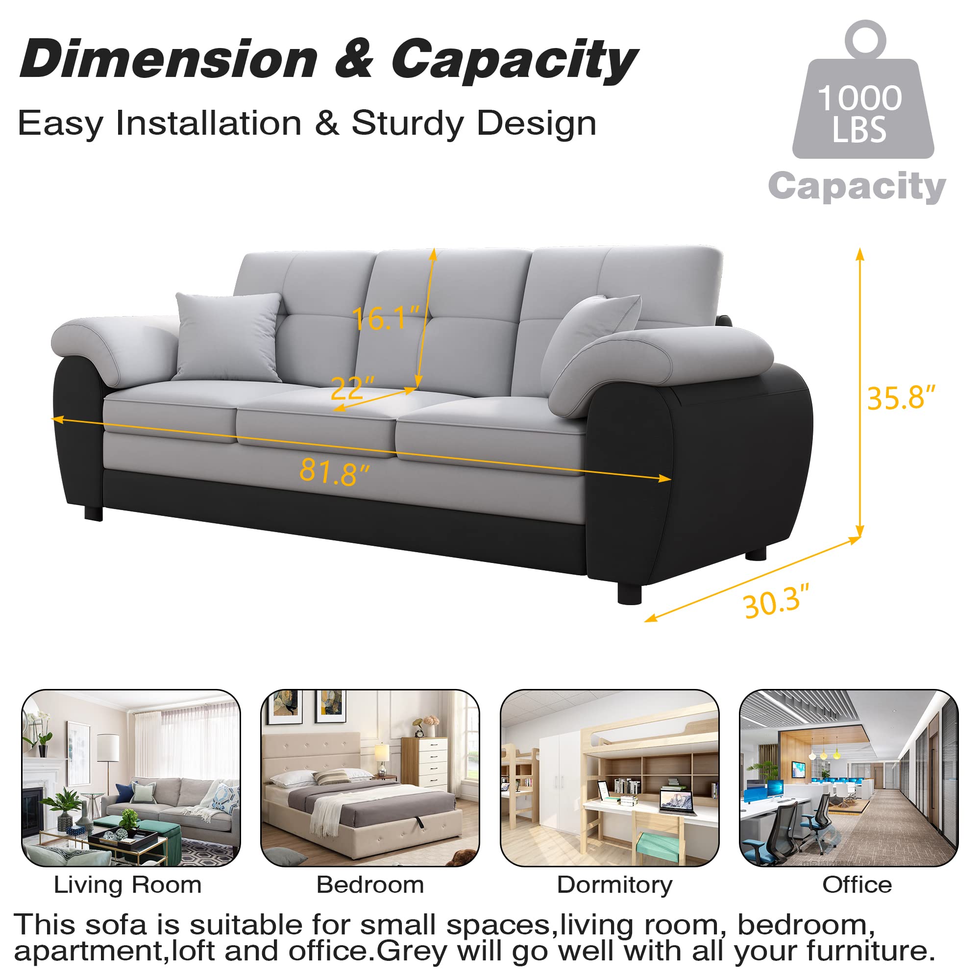PHOYAL 3 Seater Sofa, 81.8β Modern Futon Sofa Bed Mid-Century Sofa with Two Pillows Velvet Upholstered Sofa, PU Armrest and Base for Living Room, Bedroom, Apartment, Grey