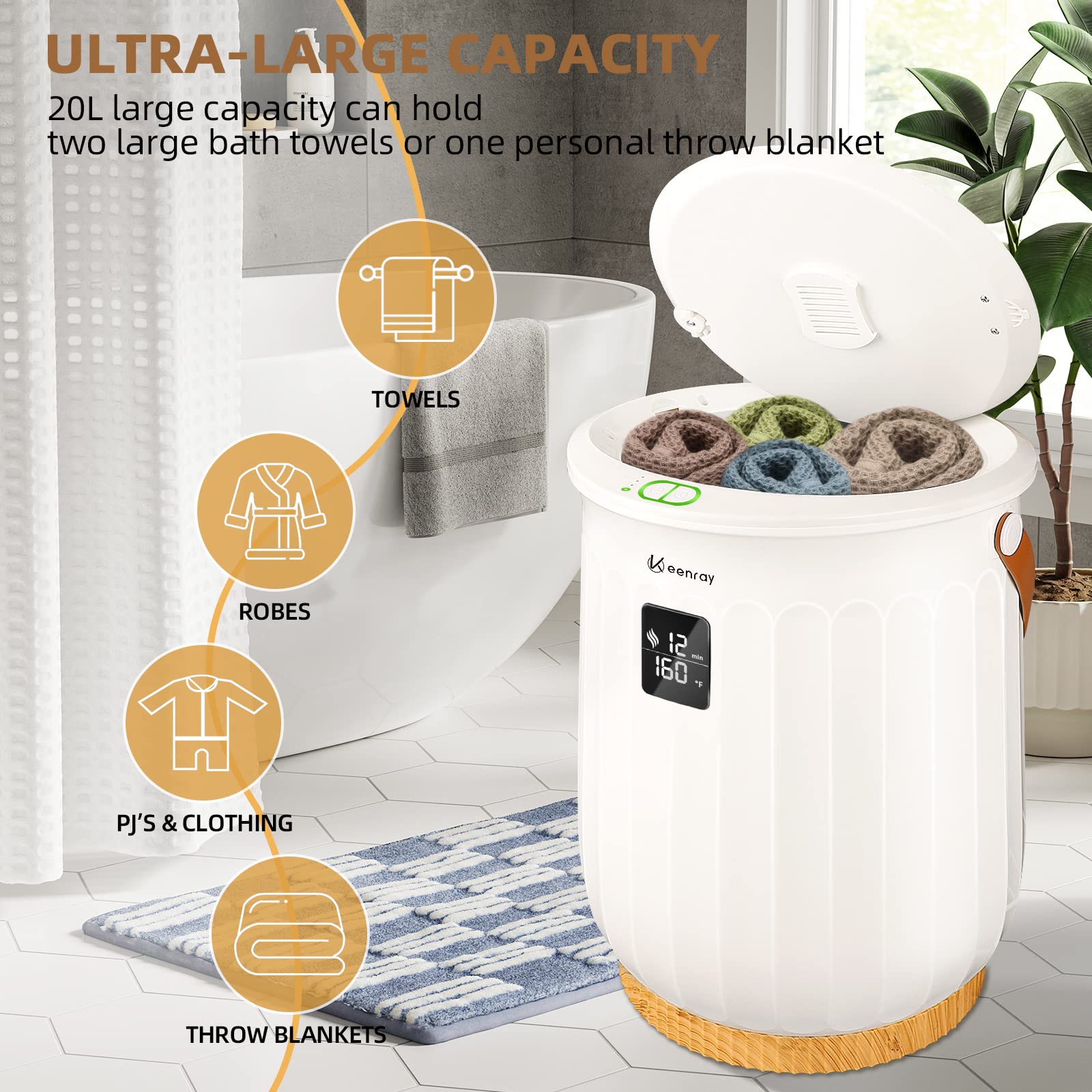 Keenray Adjustable Temperature Towel Warmer with Timer, Safety Lock, and Display - For Bathroom, Hot Tub, Spa, White, CL27