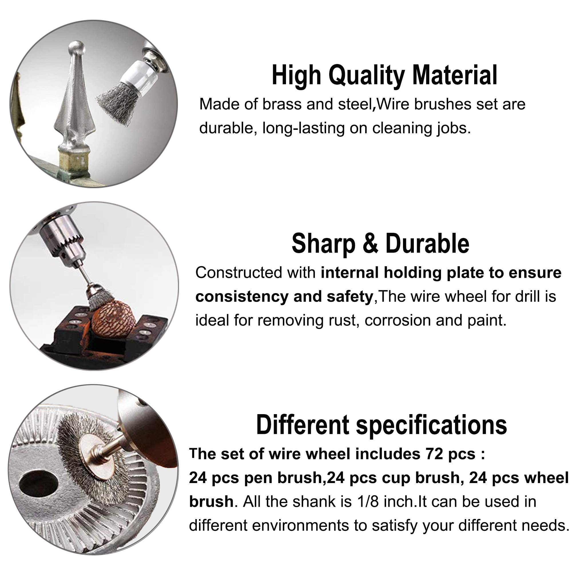 Rocaris 72 Pack Wire Wheel Brushes Set, Brass and Steel Wire Brush Set 1/8" Shank for Rotary Tools Accessories Polish Clean Tools