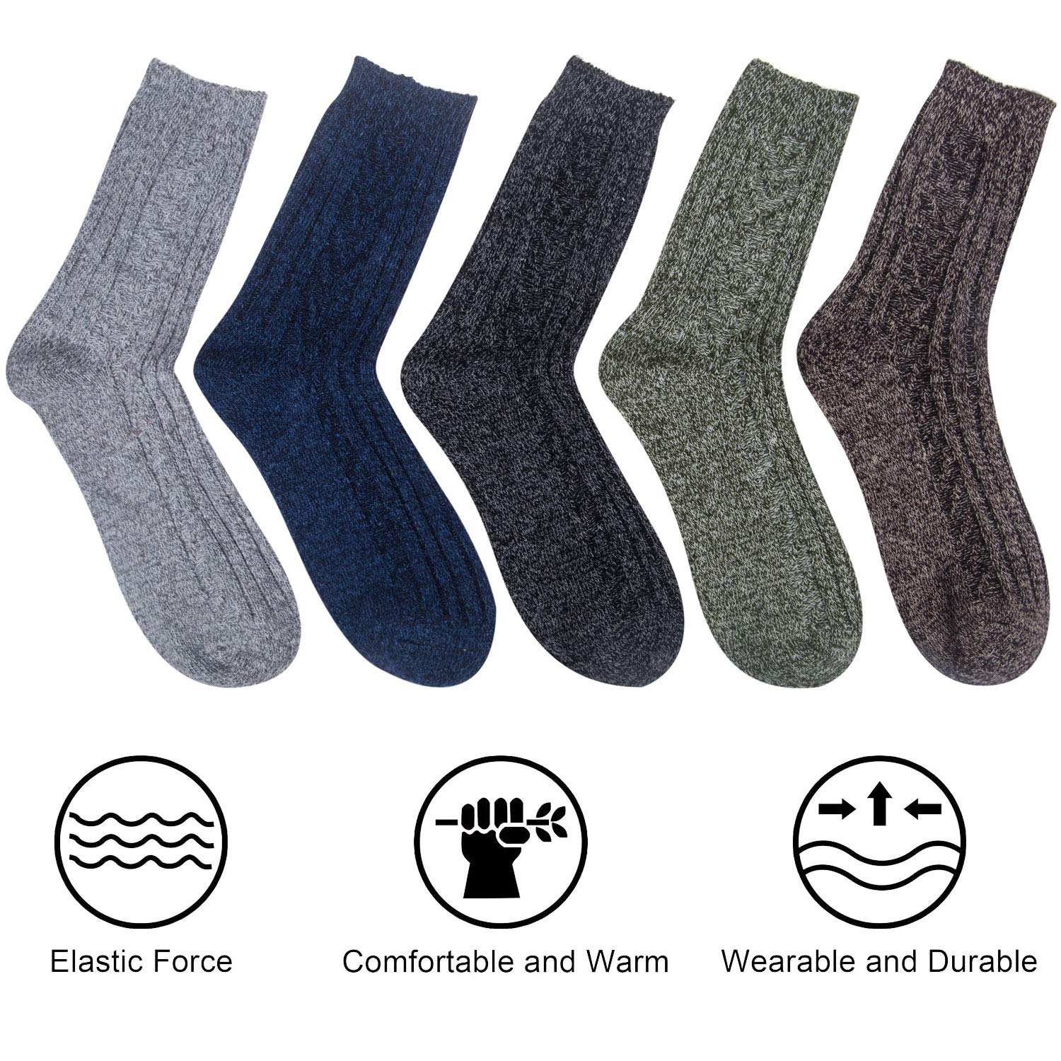 Justay 5 Pairs Womens Wool Socks Vintage Warm Winter Socks Thick Cozy Socks Knit Casual Crew Socks Gifts for Women (Solid Stripe 02)