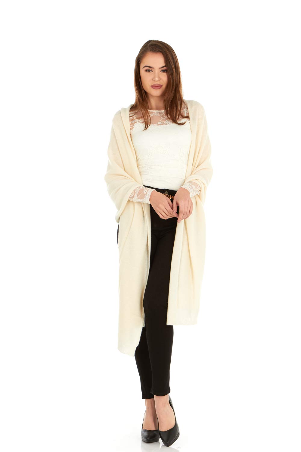 Manio Cashmere 100% Cashmere Knitted Wrap Pashmina Shawl Extra Large Scarf Stole for Women Travel (White)