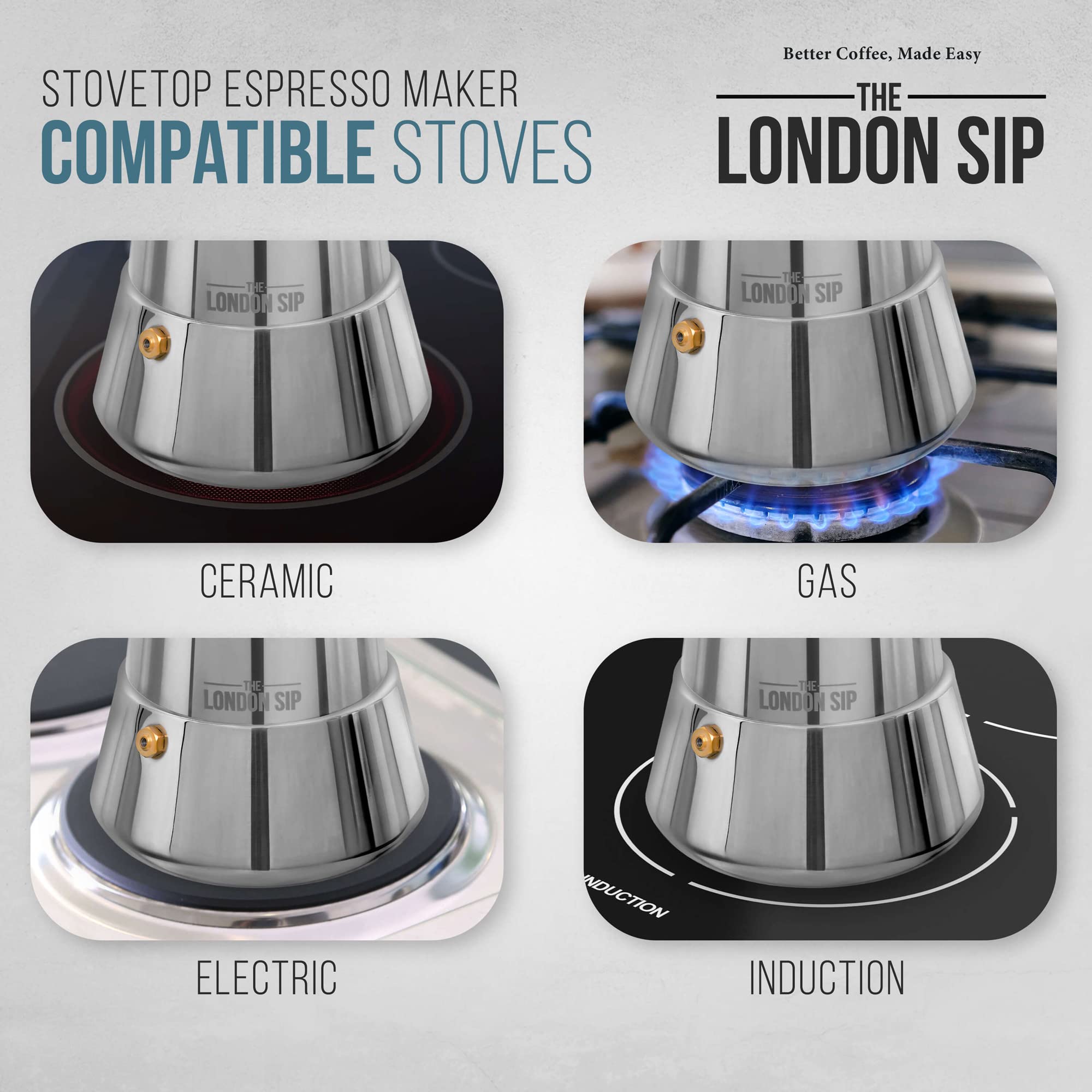 London Sip Stainless Steel Stove-Top Espresso Maker Coffee Pot Italian Moka Percolator, Silver, 3 Cup