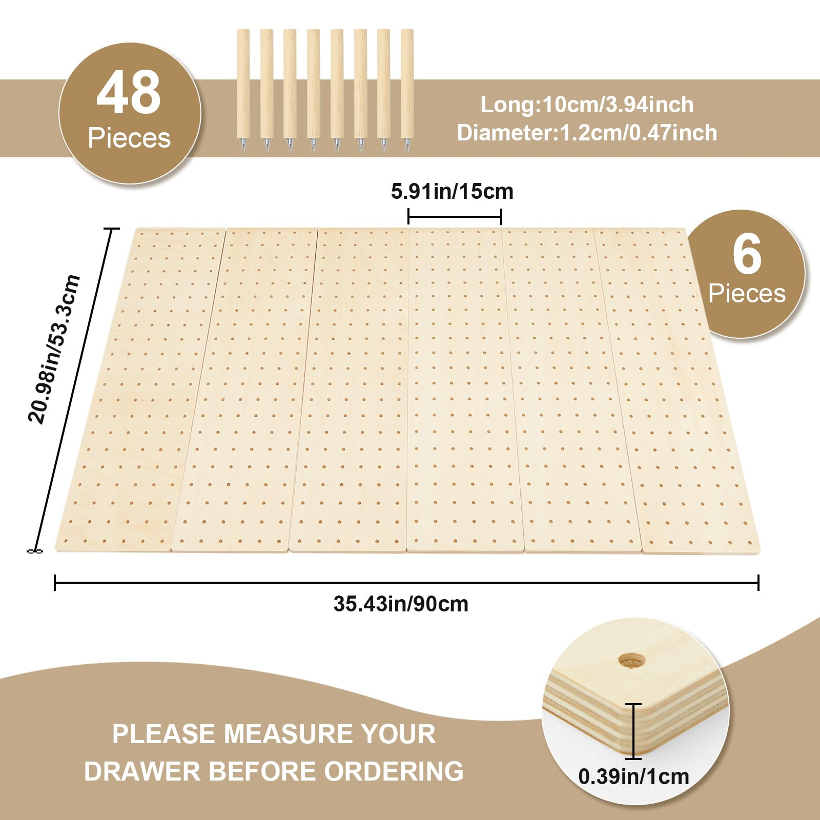 Kigley 6 Pcs Wood Pegboard Drawer Organizer with 48 Pegs Wood Peg Board System Peg Drawer Organizers for Dishes Drawer Plate Organizer Kitchen Pegboard for Food Containers (Wood,20.98x5.91)