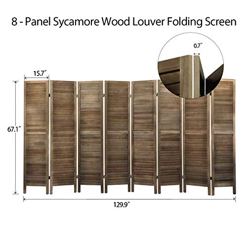 JAXPETY 8 Panel Wood Louvered Room Divider, 5.6 Ft Tall Oriental Folding Freestanding Privacy Screen Room Dividers for Home, Office, Bedroom (Brown)