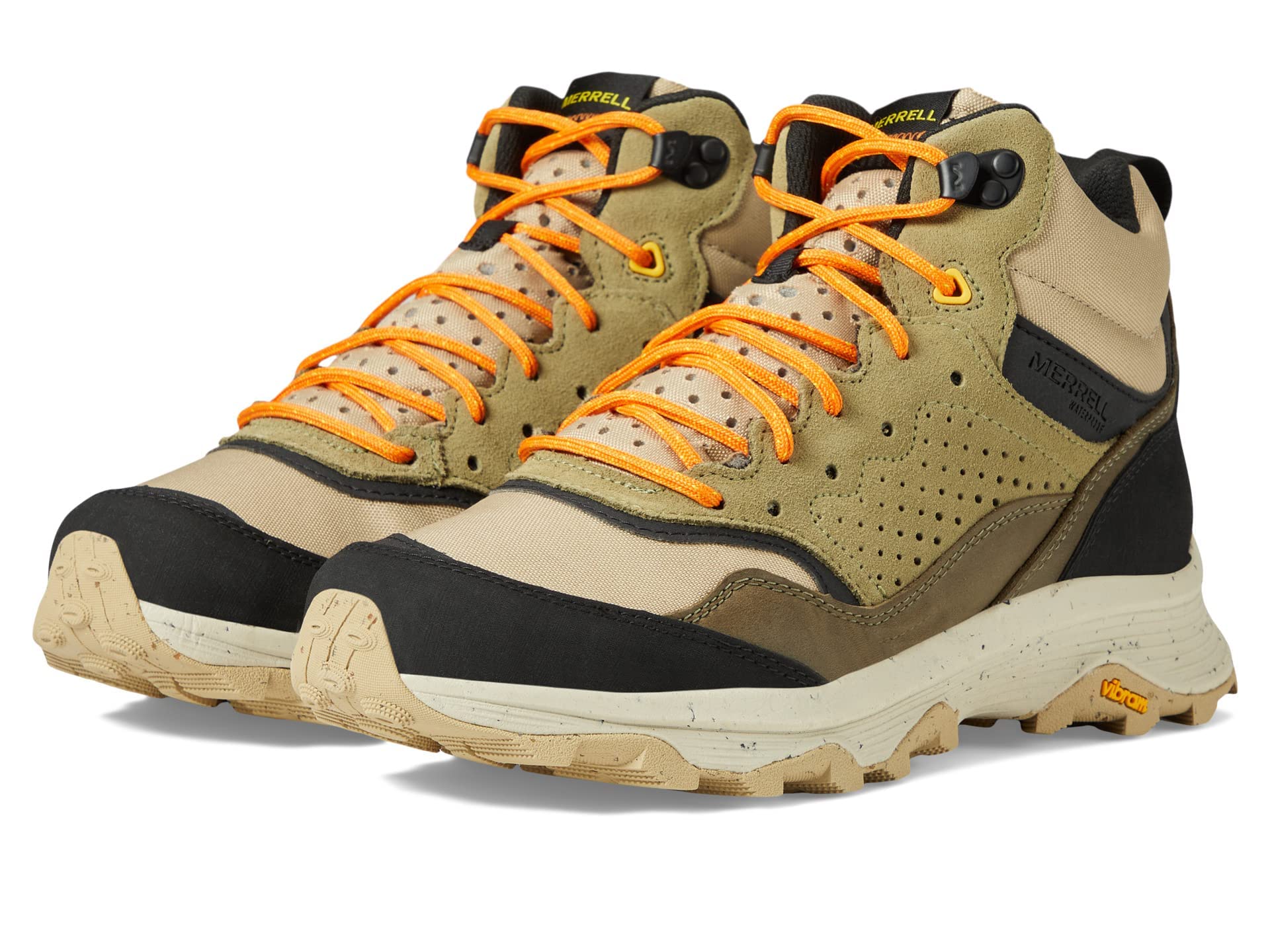 MerrellĀ® Speed Solo Mid Waterproof Hiking Boots for Men ā FloatPro⢠Foam Midsole ā Removable PU Footbed Clay/Olive 9 M