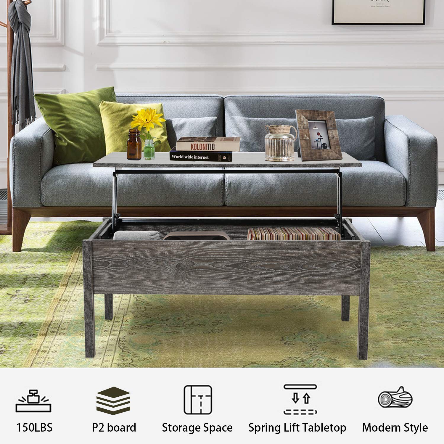 JAXPETY Lift Top Coffee Table with Hidden Compartment and Storage Cabinet, Modern Furniture for Home, Living Room, Reception Room, Grey Oak