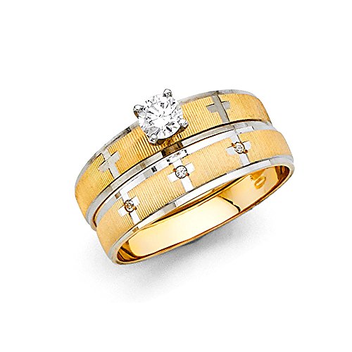 Jewels By Lux 14K White and Yellow Gold Two Tone Ladies Cubic Zirconia CZ Wedding Band and Engagement Bridal Ring Two Piece Set Size 8