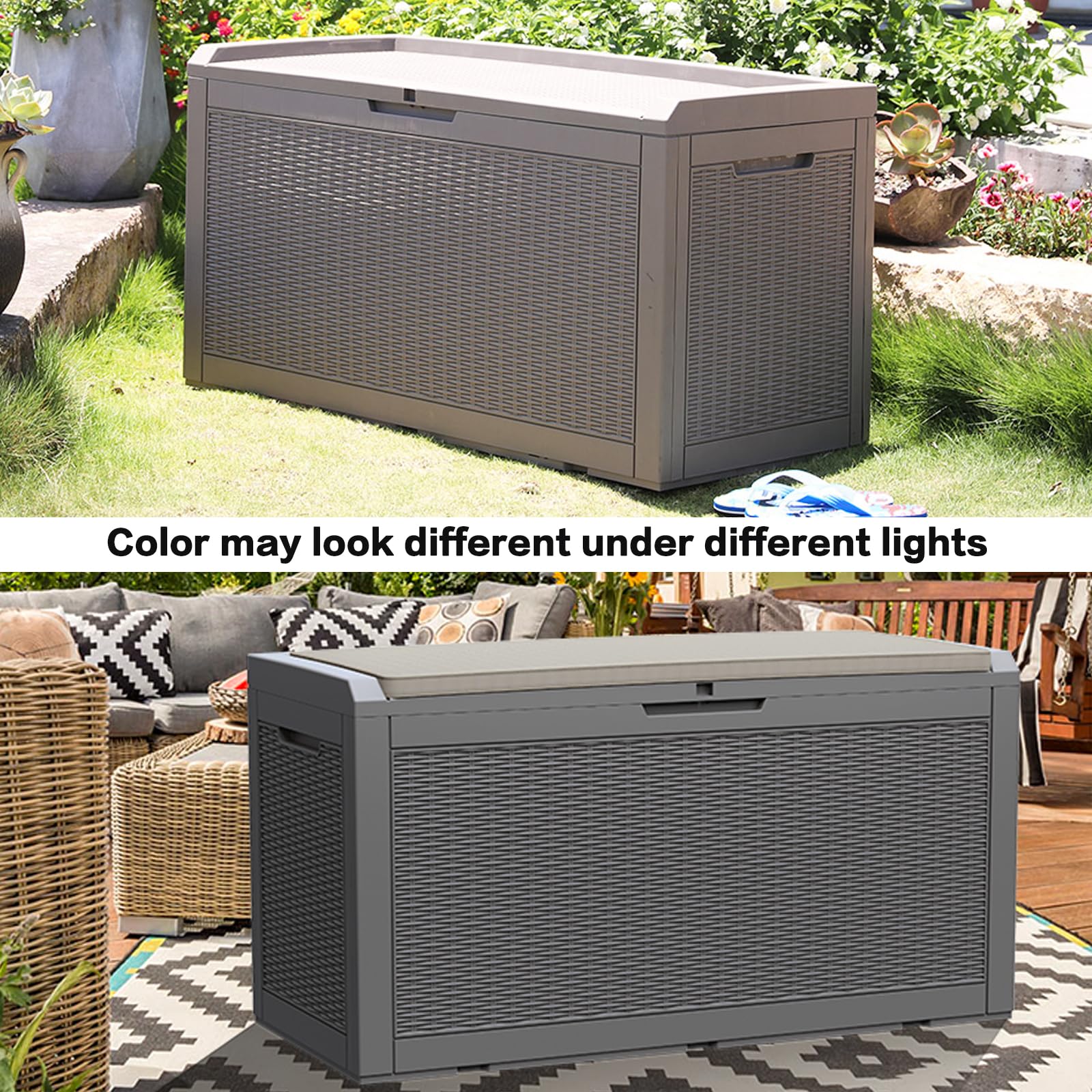 Modern-Depo 100 Gallon Deck Box Waterproof Outdoor Storage Bench Resin Pool Towel Storage Bin Porch Delivery Box with Seat Cushion, Gray