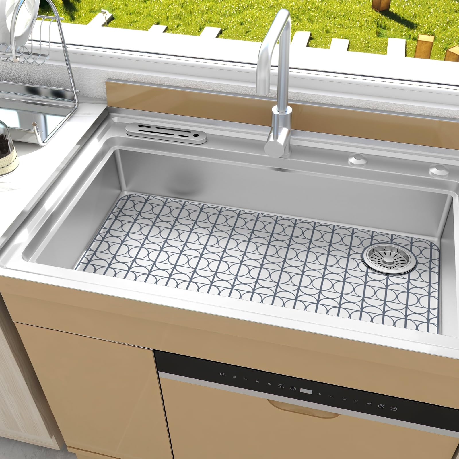 Kitchen Silicone Sink Protector Mat 28''×14'' Farmhouse Sink Protectors for Stainless Steel Kitchen Grey Sink Grid with Rear Drain