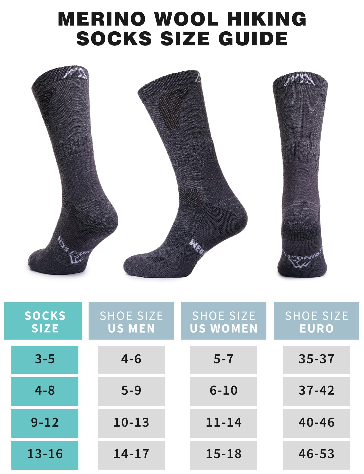 Merino.tech Merino Wool Socks for Women And Men - Merino Wool Hiking Socks Crew Style (Blue Black Pack of 2, 4-8)