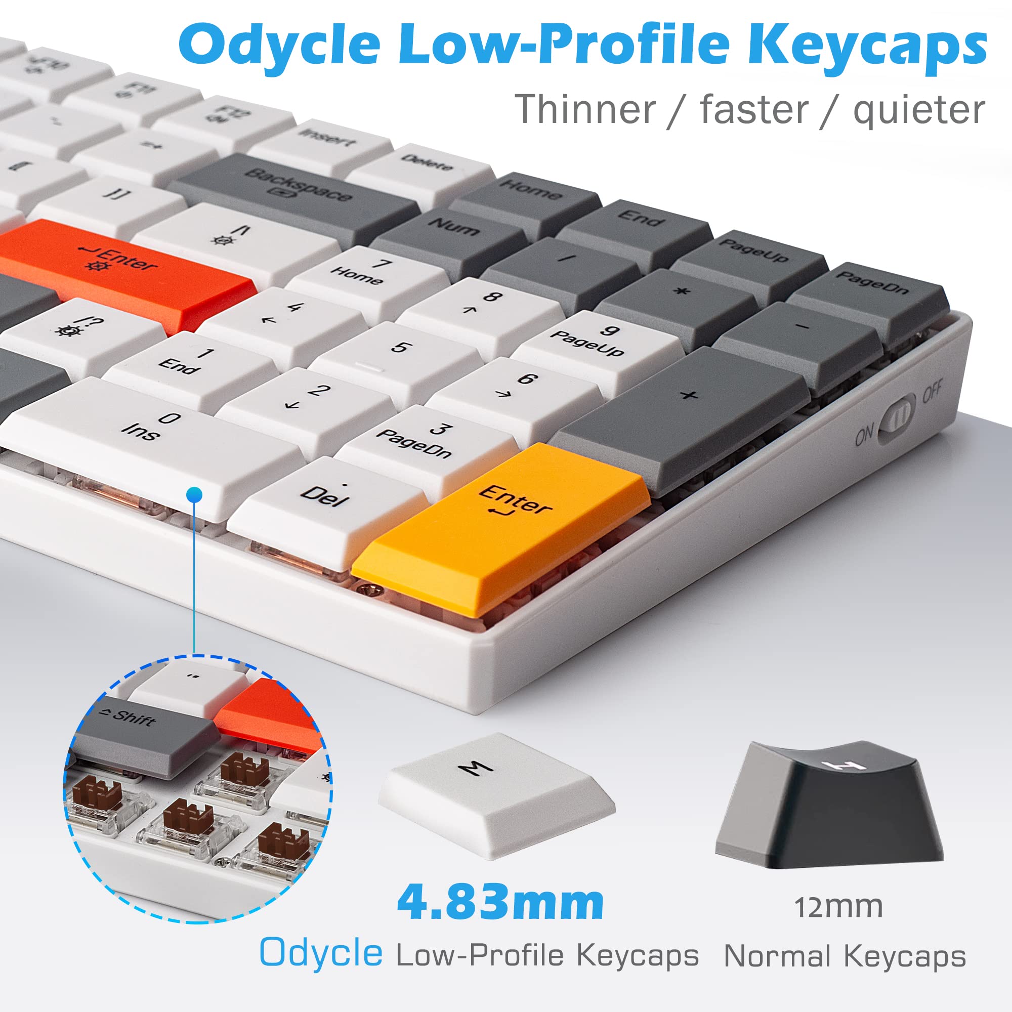 Odycle Low Profile Mechanical Keyboard, 99 Keys Triple-Mode 2.4G/USB-C/Bluetooth Wireless Mechanical Keyboard with RGB Backlit, Compatible with Windows and Mac OS Systems, Brown Switch,White