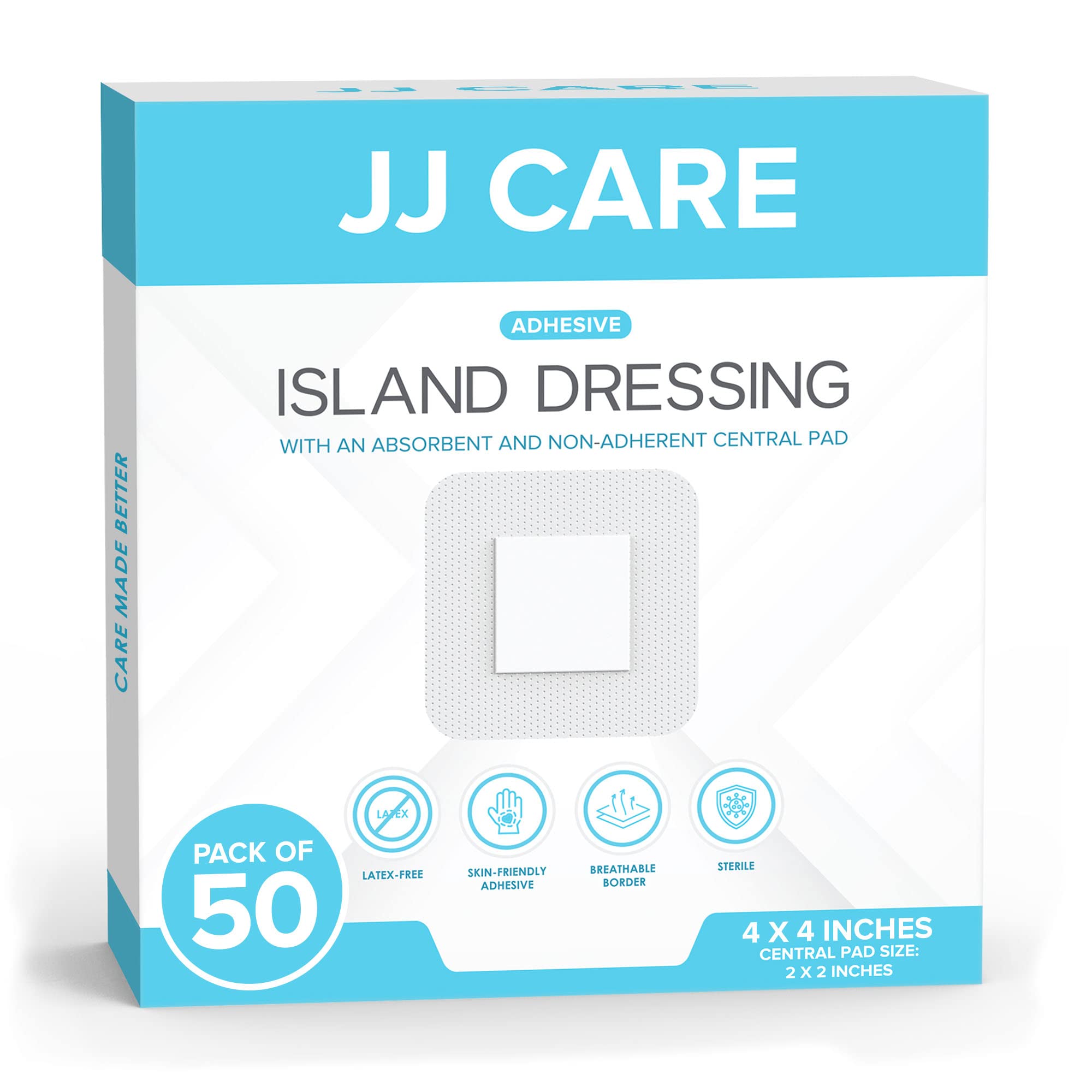 JJ CARE Adhesive Island Dressing [Pack of 50], 4x4 Sterile Bordered Gauze Dressing, Breathable, Individually Wrapped Island Wound Bandages with Highly Absorbent Non-Stick Center Pad