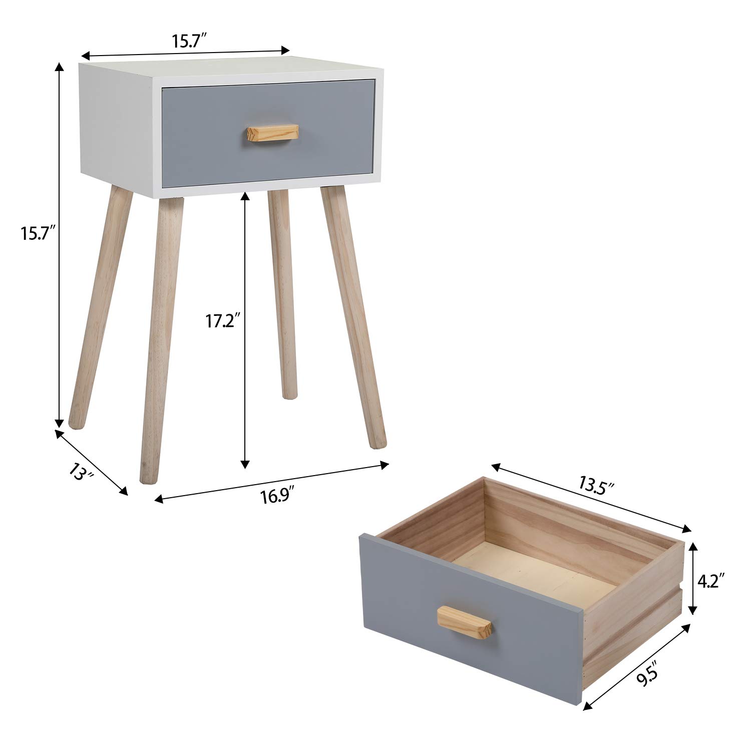 JAXSUNNY Set of 2 Mid-Century Wood Nightstand Side End Table with Storage Drawer and Solid Wood Legs, Bedside Table for Home Furniture,White+Silver Blue Pearl