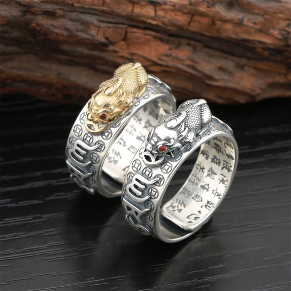 LiFashion Silver Feng Shui PiXiu Adjustable Ring for Unisex MANI Mantra Protection Wealth Ring Buddhist Bible Verse Adjusted Cuff Finger Band for Men Women