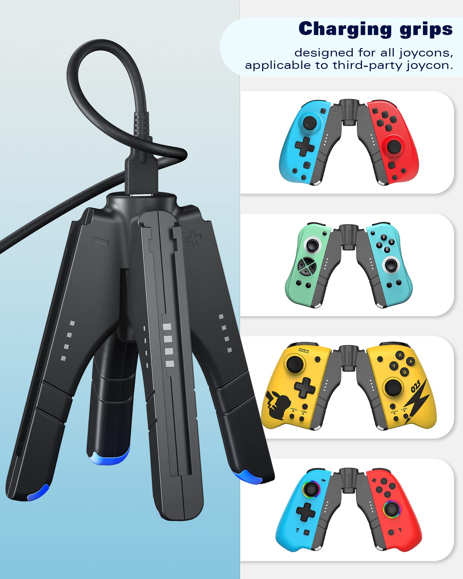 Narati Joycon Charging Grip for Nintendo Switch OLED, 4 in 1 Controller Charging Dock Station, 2 Portable V-Shaped Charger Grip with LED and 3rd Party JoyPad with Type C Cable & 4 Thumb Grip Caps