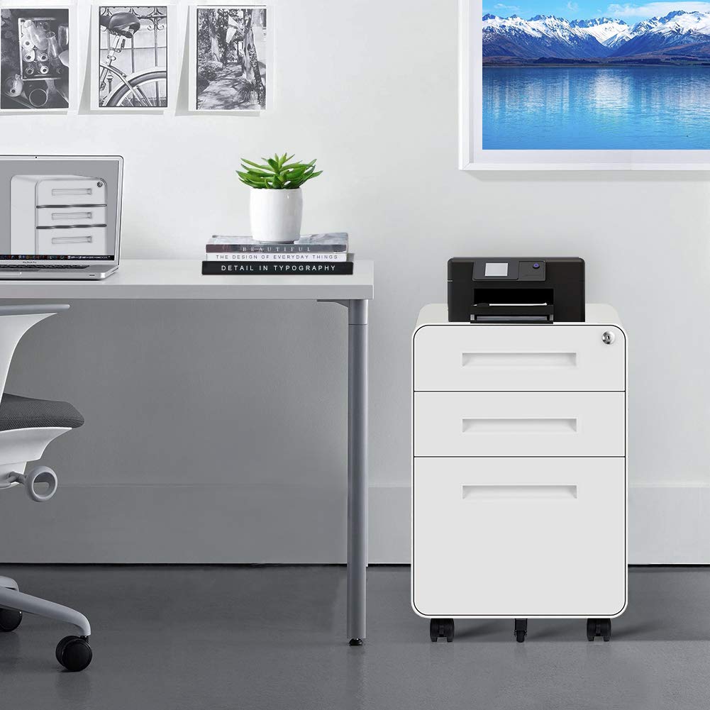 INTERGREAT White 3 Drawer Filing Cabinet with Wheels Metal Mobile File Cabinet with Hanging Frame Lockable File Cabinet for Legal/Letter Size, Pre-Assembled, Steel, Arc Edge