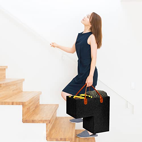 L-Shaped Stair Basket with Leather Handle for Carpeted Stairs, Foldable Staircase Basket for Wooden Stairs, Storage, Organizer, Home Decor(Black)