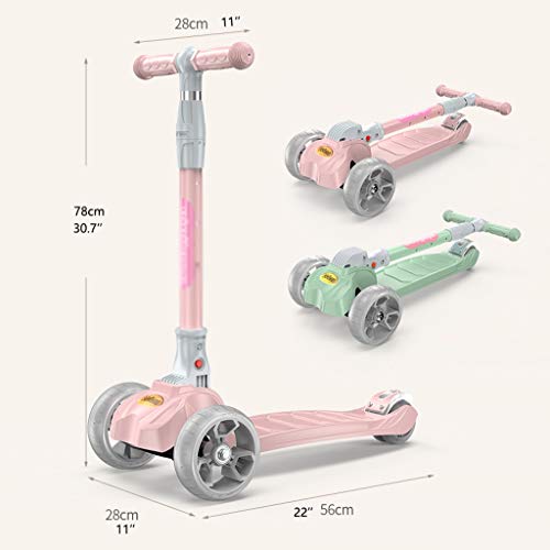 Jiji Kick Scooters Folding Kick Scooter for Kids, 3-Wheel LED Flashing Glider Push Scooter with Height Adjustable and Foldable Handlebar Ultra Light Foldable (Color : Green)