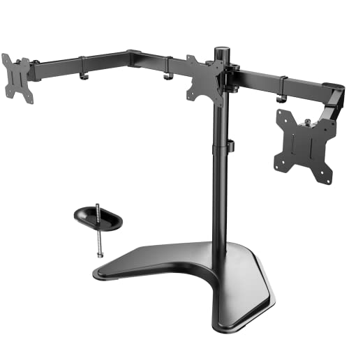 HUANUO Triple Monitor Stand, Free Standing Three Monitor Desk Mount for Screens Up to 24 inch, Heavy-Duty Fully Adjustable Monitor Arm, Holds Up to 22lbs Each, VESA 75x75 or 100x100