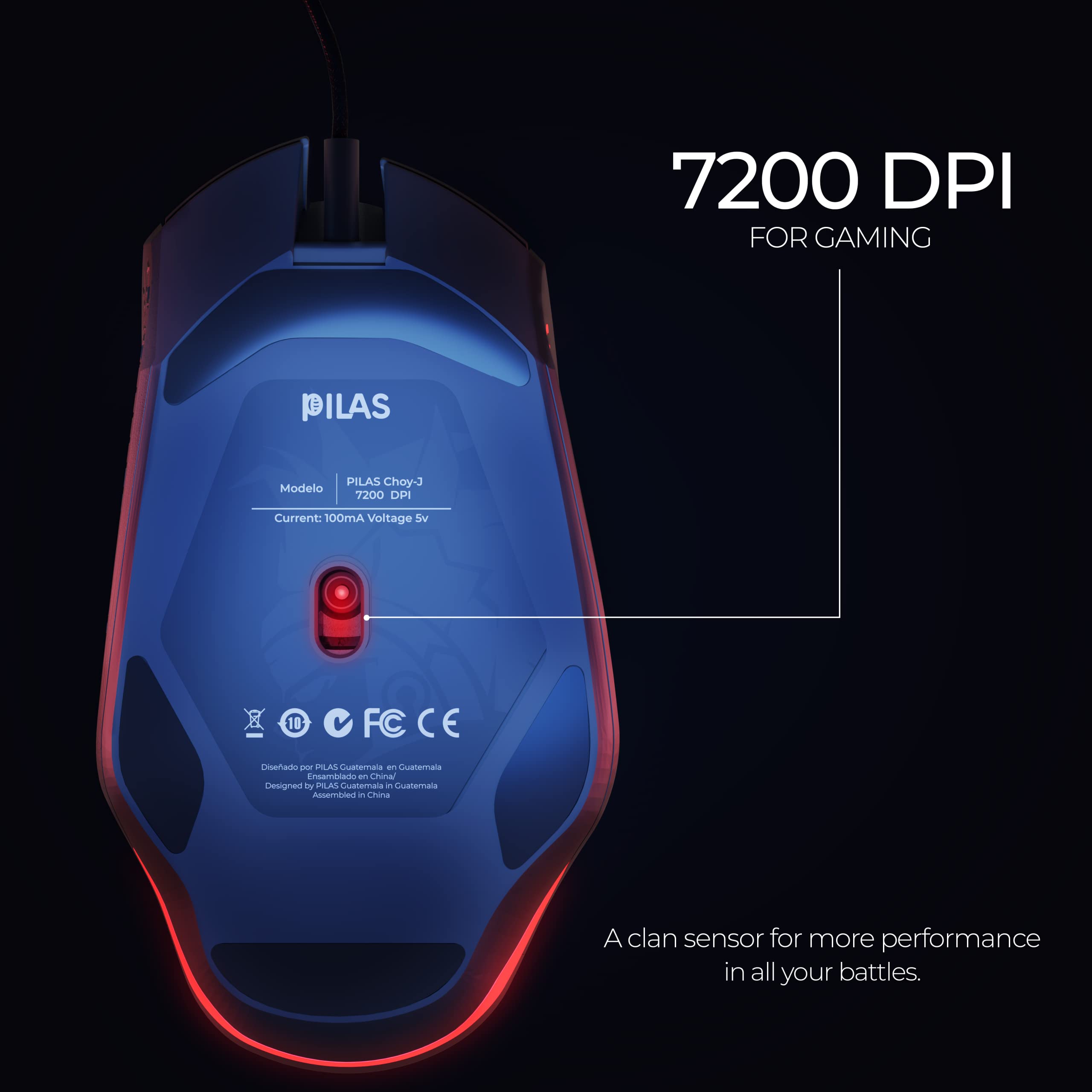 PILAS Choy-J, Wired gamign mause, 8 costizable Buttons, RGB ligthing, Ergonomic Design, High Speed transmition