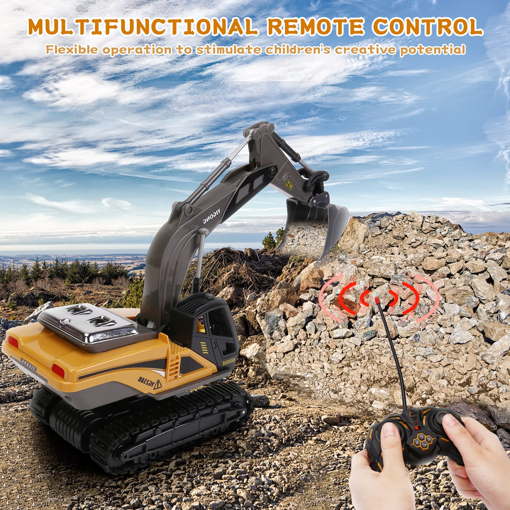 OFFKITSLY Remote Control Excavator Toys, 8 Channel RC Excavators Digger Construction Vehicles RC Trucks Toys with 2 Rechargeable Batteries for Boys Gift…