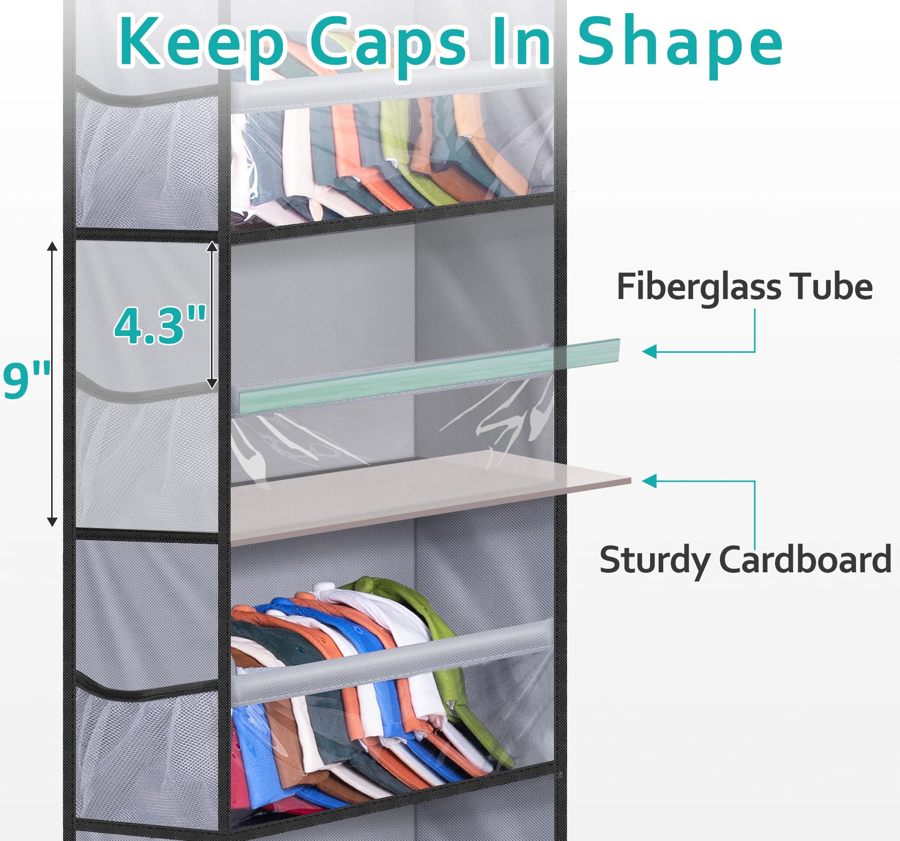 KIMBORA 7 Tier Hat Rack for Baseball Caps, Over Door Baseball Hat Organizer Hold 80 Hat Storage for Closet/Wall with 14 Side Mesh Pockets Cap Holder (Gray)