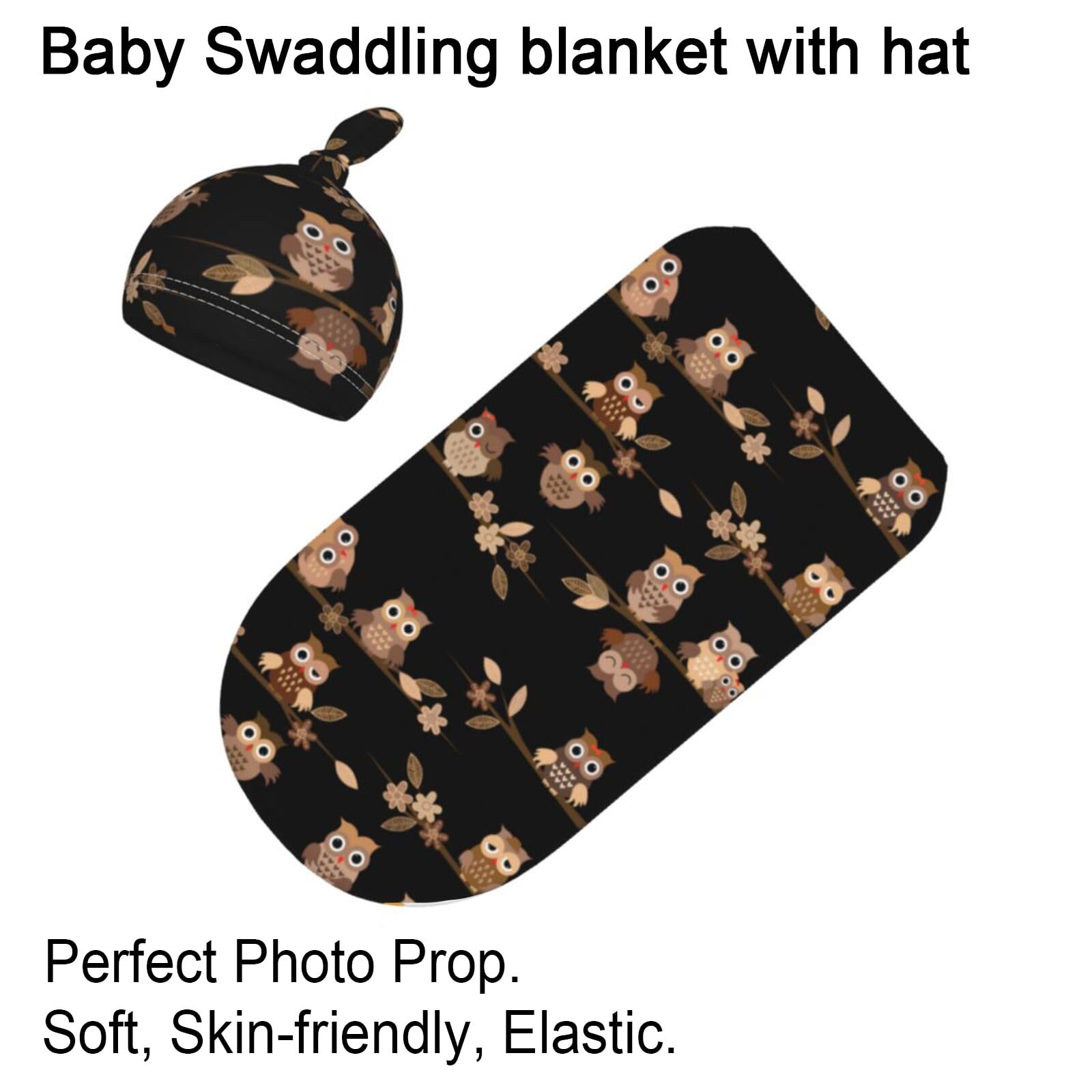 Qwalnely Swaddling Blanket for Baby, Sleeping Sacks, Unisex Baby Stuff with Hat, Black, Owl