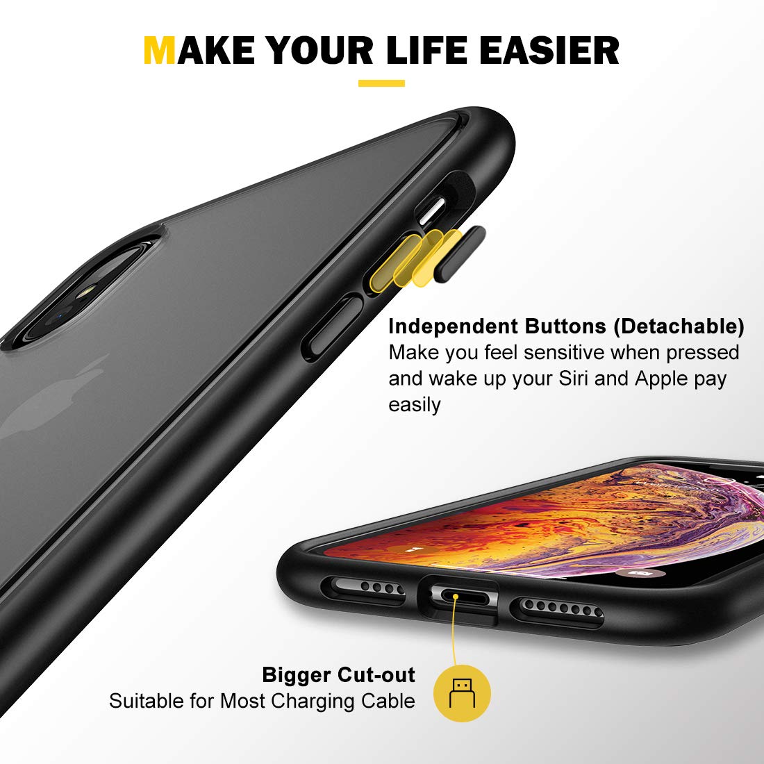 Humixx Shockproof Series for iPhone Xs Max Case Cover [ Military Grade Drop Tested ] [Upgraded Nano Materials] Translucent Matte Case with Soft Edges, Slim Fit and Anti-Drop Protection Case - Black