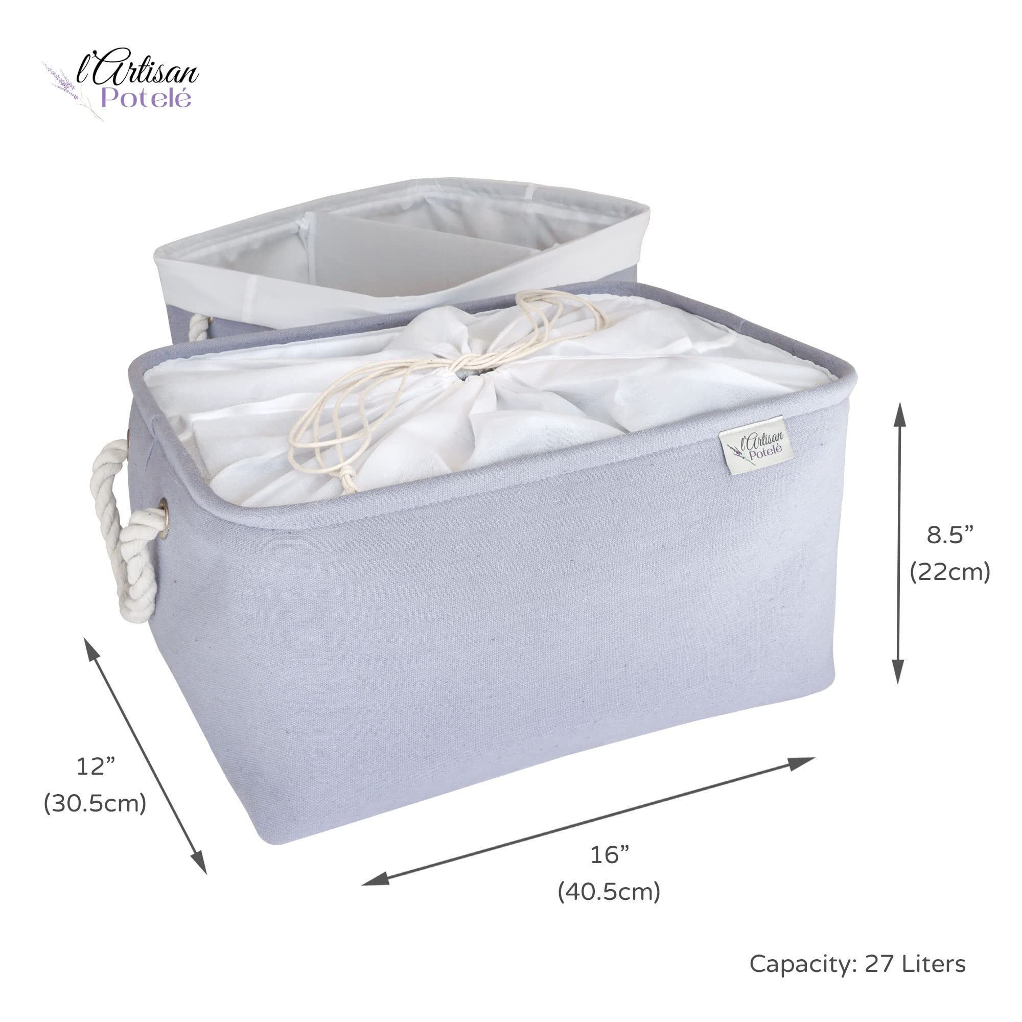 l'Artisan Potelé Storage Basket (2 Set) Lavender Storage Bins / Storage Baskets with Covers (16"x12"x8.5") Attachable Dividers| Decorative Storage Bins, Empty Gift Basket or Dog Toy Baskets