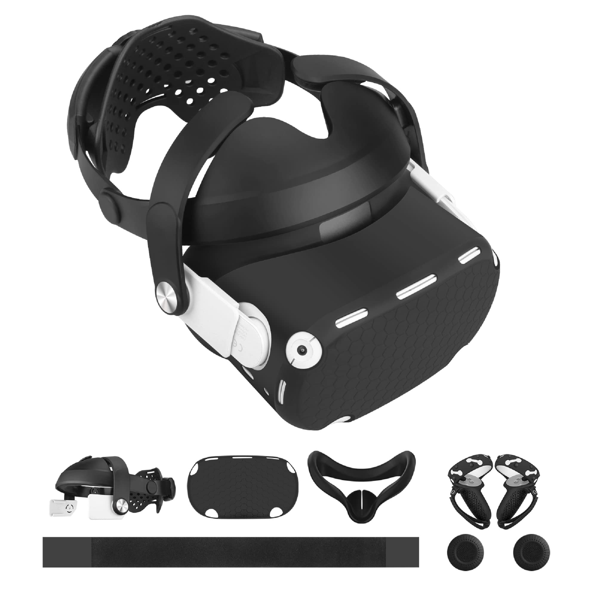 MASiKEN Accessories for Meta Oculus Quest 2 - Upgrade VR Head Strap M3, Release Face Squeeze, Front Shell Cover, Controller Cover Enhance Comfort Touch in VR (Black Bundle)