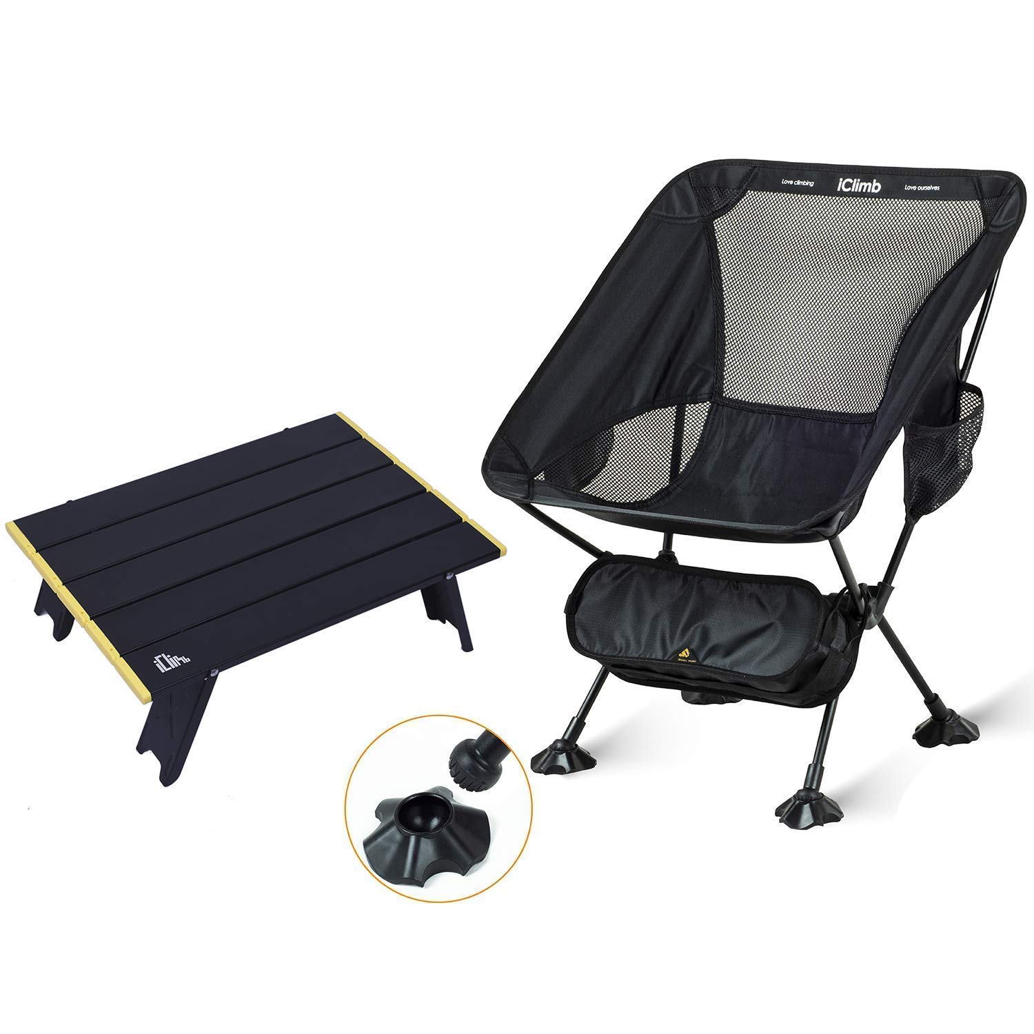 iClimb 1 Beach Table and 1 Beach Chair with Large Feet Bundle, Ultralight Compact for Solo Beach Camping Backpacking