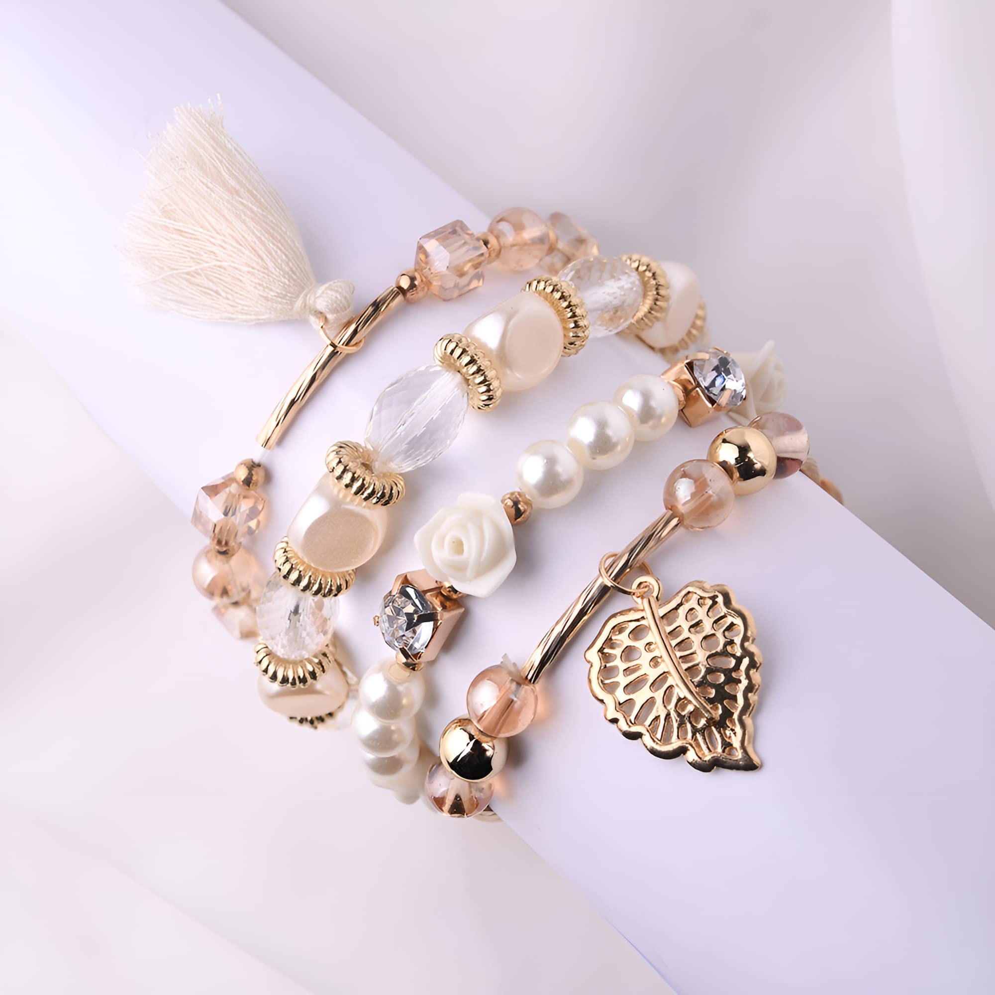 Metal Crystal Pearl Versatile Bracelet Leaf Multi layer Tassel Bracelet Bracelet Bracelet (white)