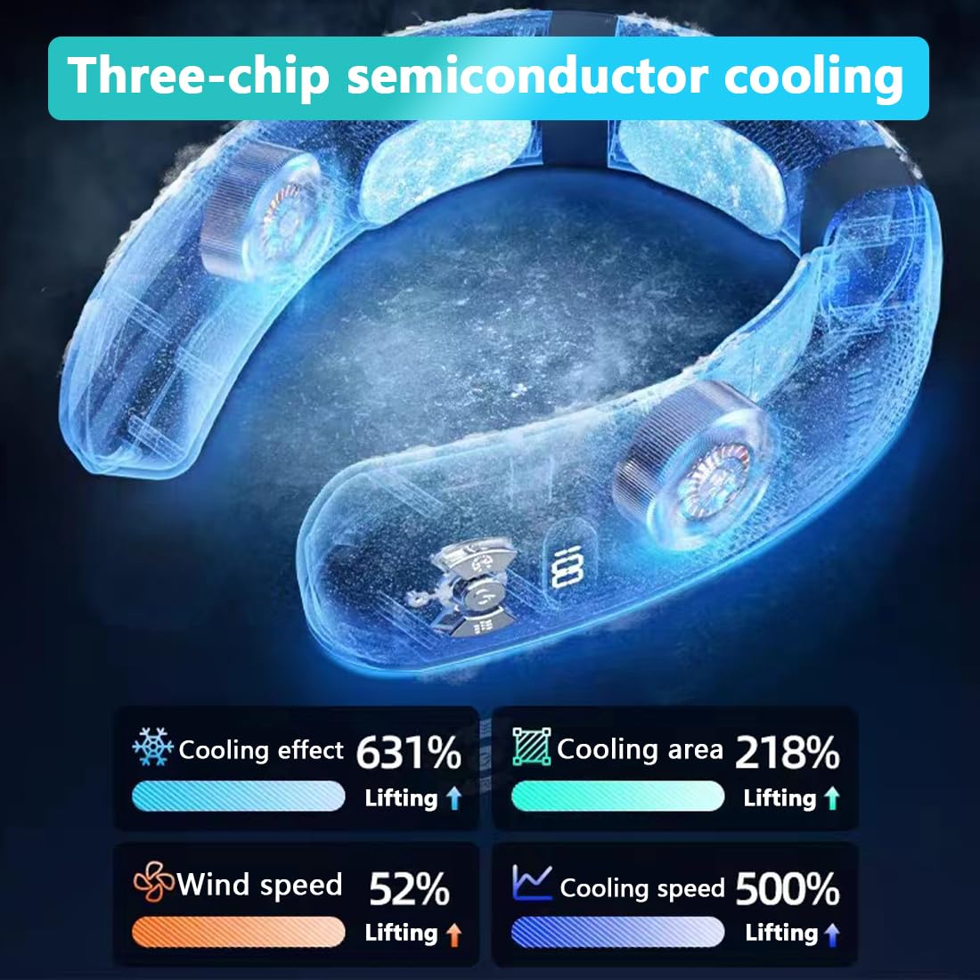 MATIHUNO Neck air conditioner 26H ultra-long life, 9600mAh portable fan, semiconductor cooling ultra-quiet triple-core intelligent digital display and heating dual-use, navy-6000mAh (TC06)