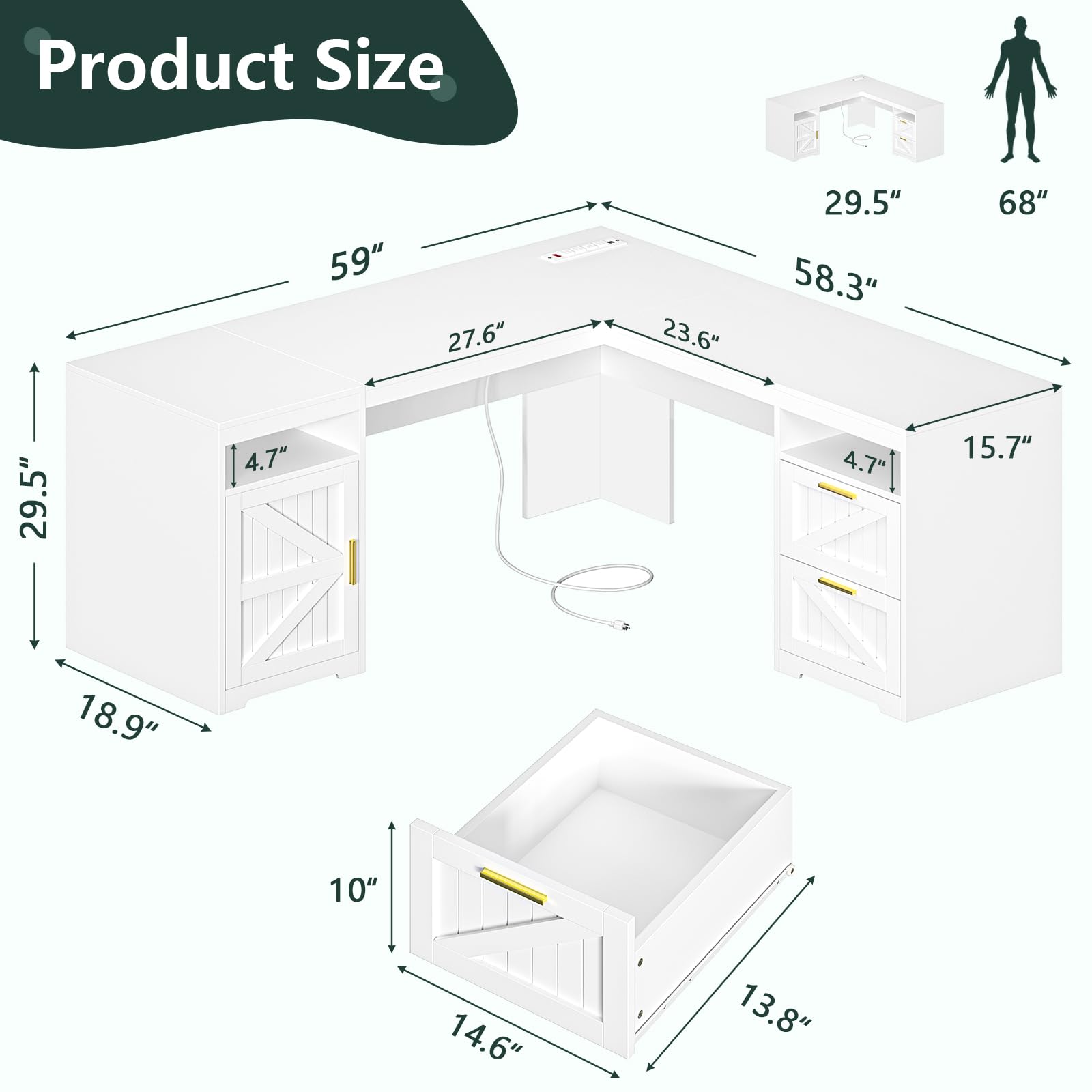 YOMILUVE 59" Farmhouse L Shaped Desk with Drawers & Storage Shelf, Corner Computer Desk with Power Outlets for Home Office, Executive Desk with Printer Shelf, White