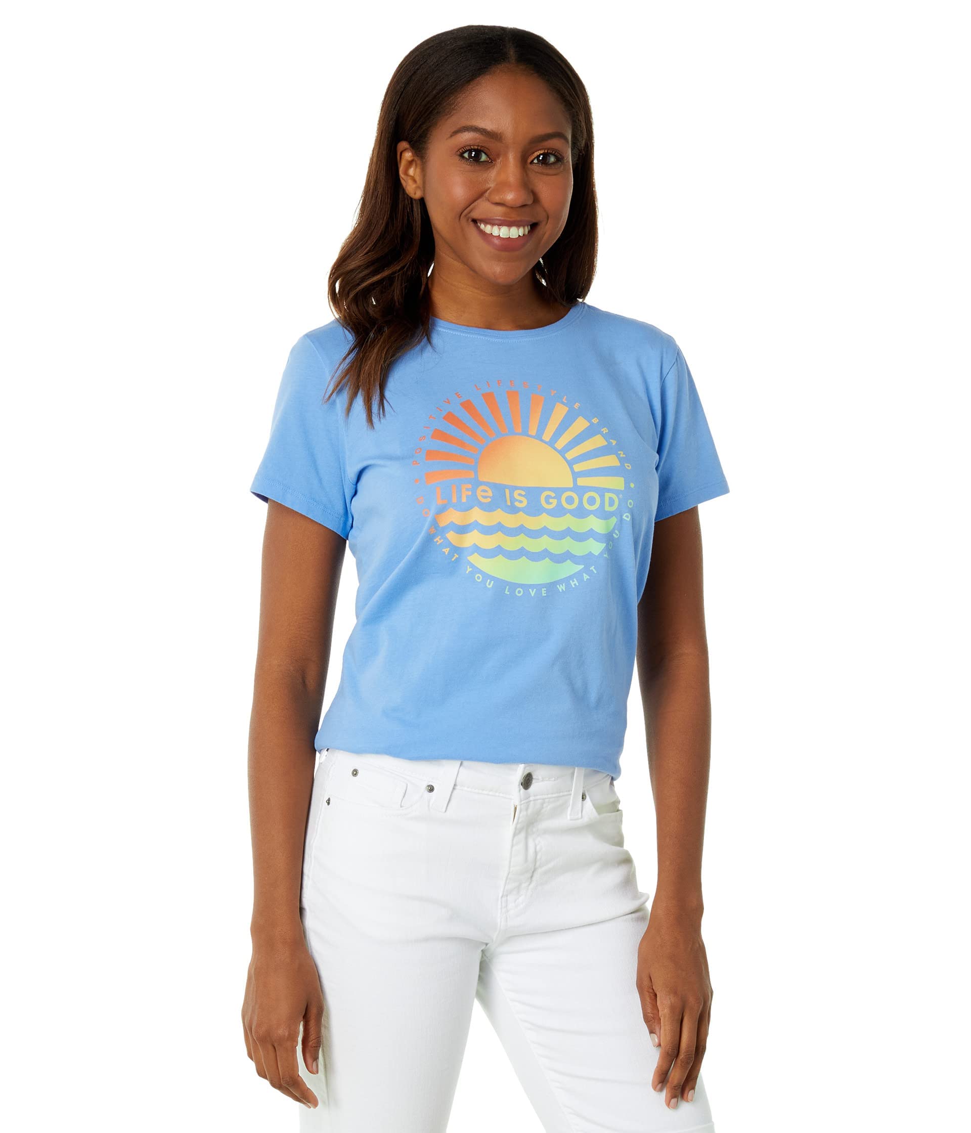Life is Good. Women's Sunset On The Water SS Crusher-Lite Tee, Cornflower Blue, Large