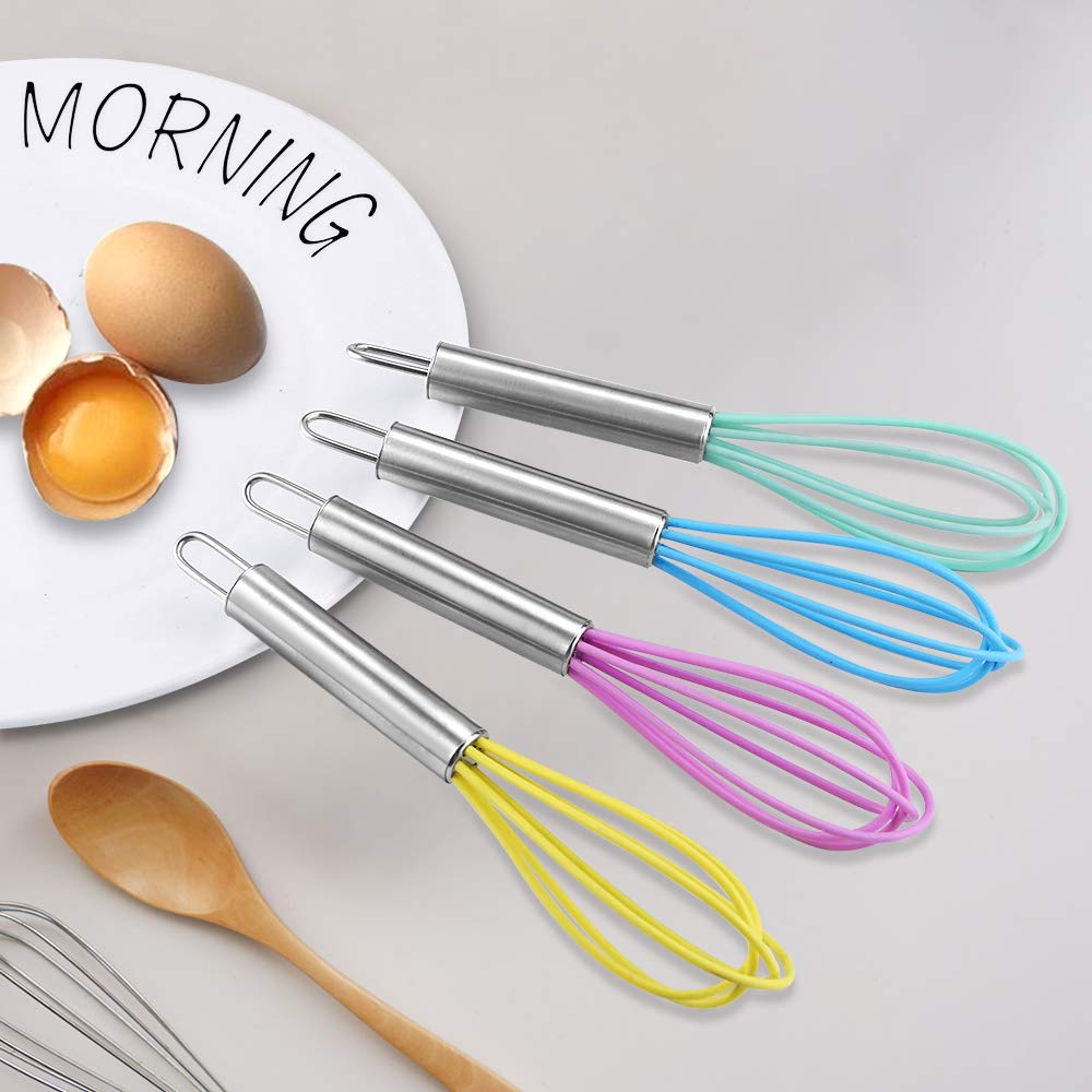 Newbested 4 Pack Colorful Mini Silicone Kitchen Whisks with Stainless Steel Handles for Milk Egg Blending Stirring Whisking and Beating(4 Colors,6 Inches)