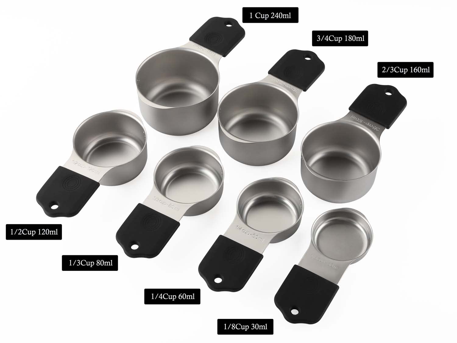 Magnetic Measuring Cups and Spoons Set Including 7 Stainless Steel Stackable Measuring Cup 8 Double Sided Magnetic Measuring Spoons with 1 Leveler for Dry and Liquid Ingredients (black)