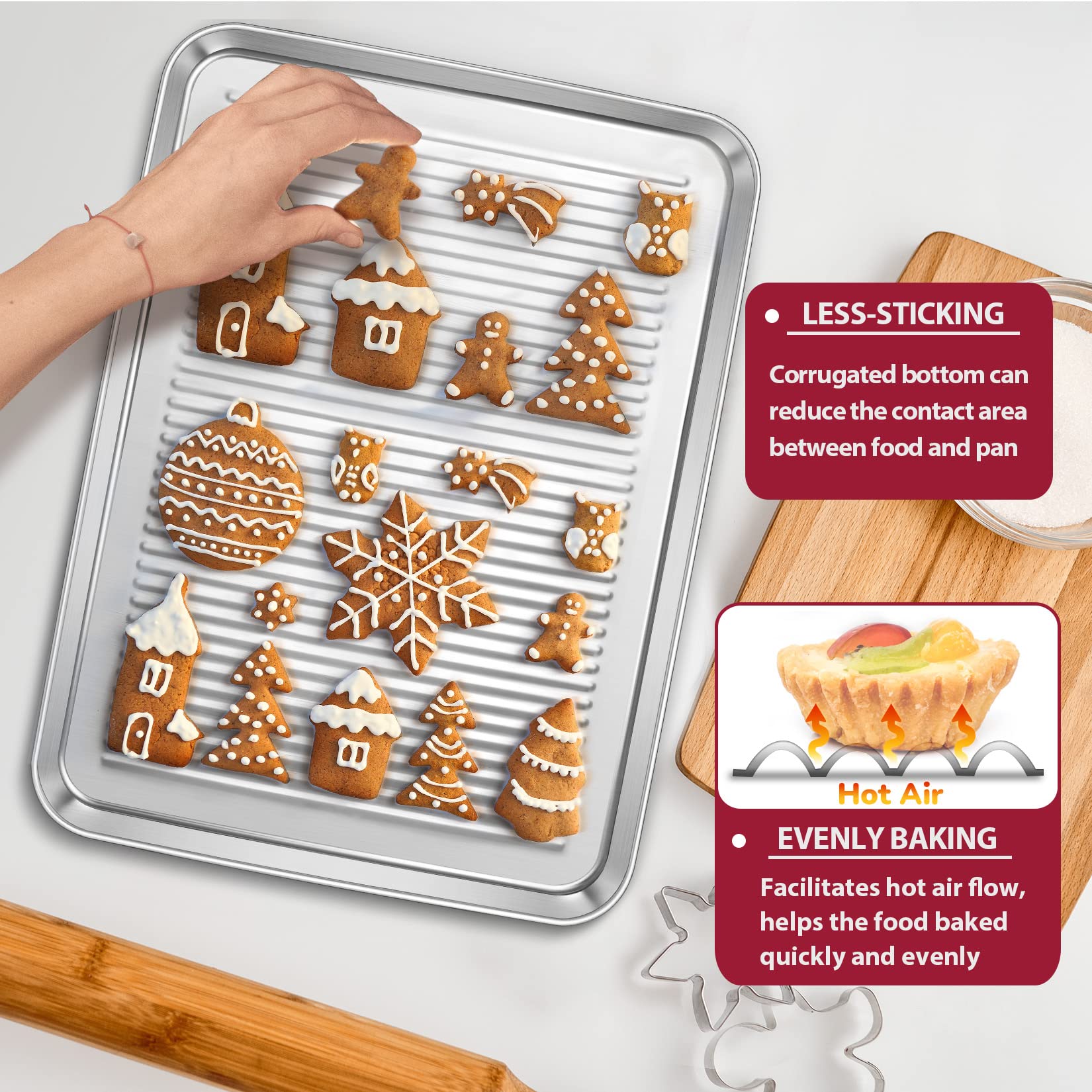Large Baking Sheet Pan Set of 2 for Oven, P&P CHEF Stainless Steel Cookie Sheets Trays Bakeware, Rectangle 16 x 12 x 1 Inch, Corrugated Bottom & Mirror Finished Surface, Dishwasher Safe
