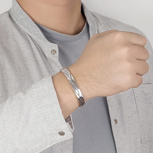 Meilanduo 925 Sterling Silver Couples Bangle Bracelet, Simple Dainty Twisted Braided Open Cuff Bracelet for Women Men (Width 9.3mm, Adjustable)