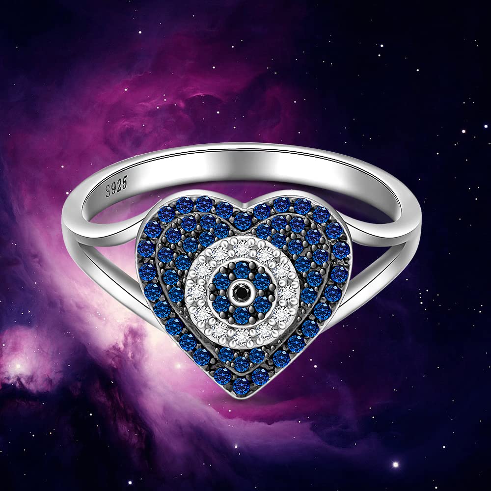 LOVGIFSET Evil Eye Ring Sterling Silver Turkish Evil Eye Rings for Women Blue Eyes Sapphire Protection Mal De Ojo Nazar Jewelry Size 7