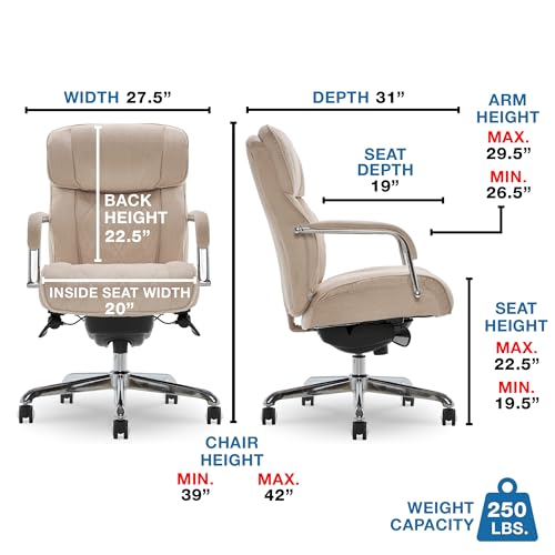 La-Z-Boy Sutherland Quilted Leather Executive Office Chair with Padded Arms, High Back Ergonomic Desk Chair with Lumbar Support, Cream Microfiber Fabric