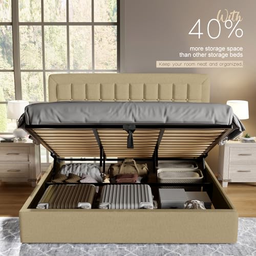 Jocisland King Size Lift Up Storage Bed Frame Upholstered Platform Bed with Headboard, Storage Underneath, No Box Spring Needed,Brown