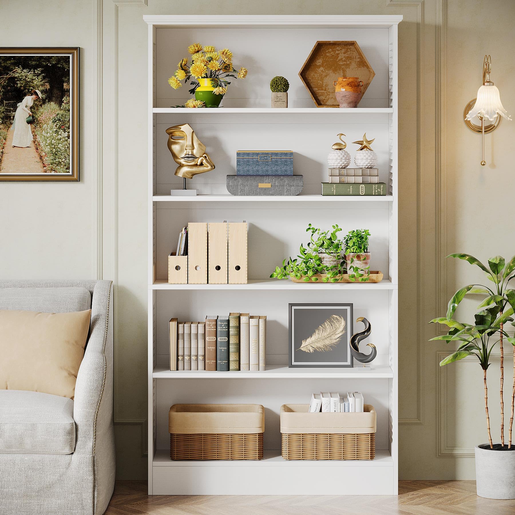 Tribesigns 5-Tier White Bookcase, 72" Tall Modern Simple Bookshelf with Storage Shelves, 39.4" Wide Floor Standing Library Bookshelf, Wood Display Shelving Unit for Living Room, Home Office (1)
