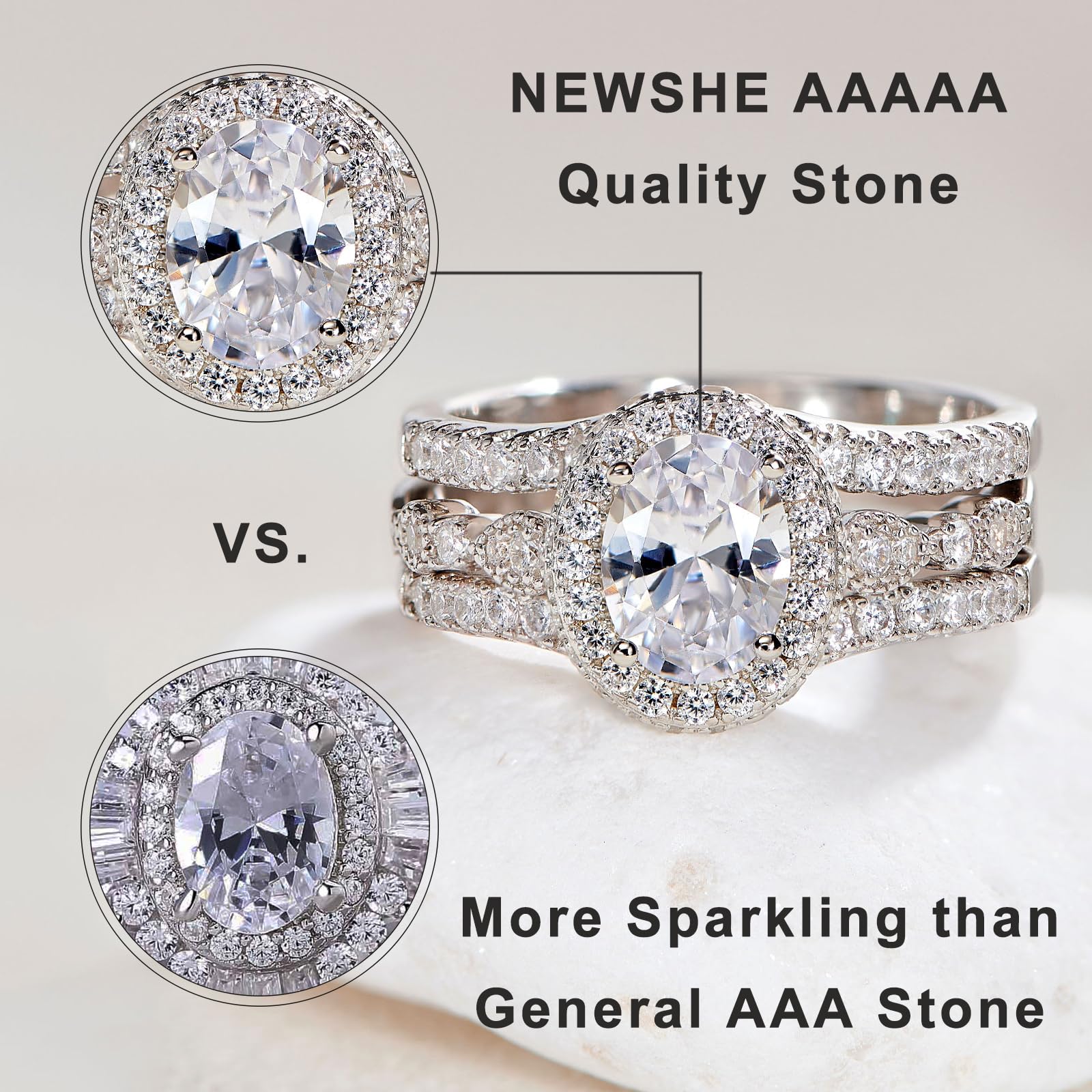 Newshe Jewellery Oval Wedding Set Engagement Rings for Women AAAAA Cubic Zirconia 925 Sterling Silver Ring Enhancer Bridal Set Size 8