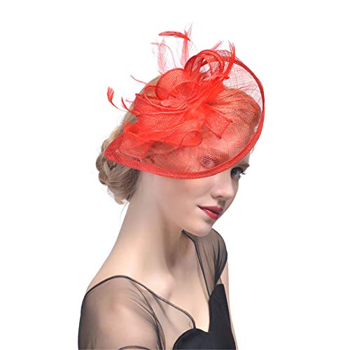 Mesh Hat Women Wedding Cocktail Tea Party Solid Flower Feather Headwear Hair Clip Red