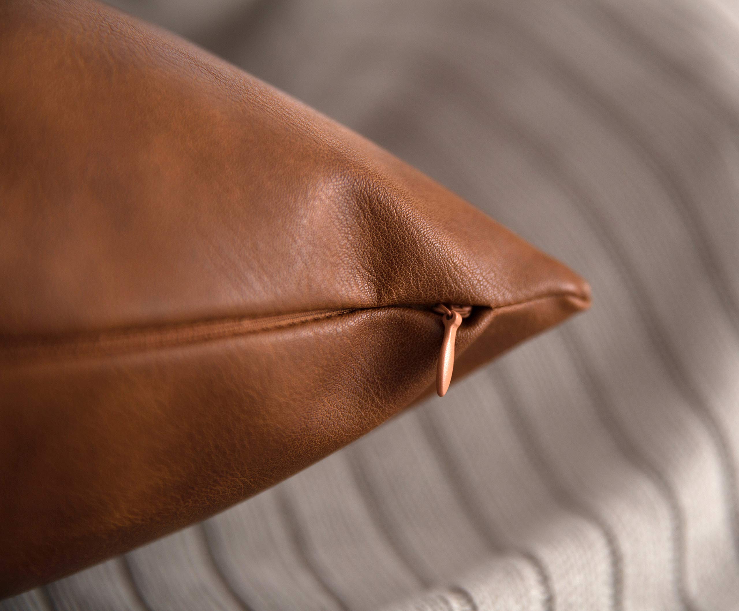 HOMFINER Faux Leather Throw Pillow Covers, 18 x 18 inch Set of 2 Thick Cognac Brown Modern Solid Decorative Square Bedroom Living Room Cushion Cases for Couch Bed Sofa