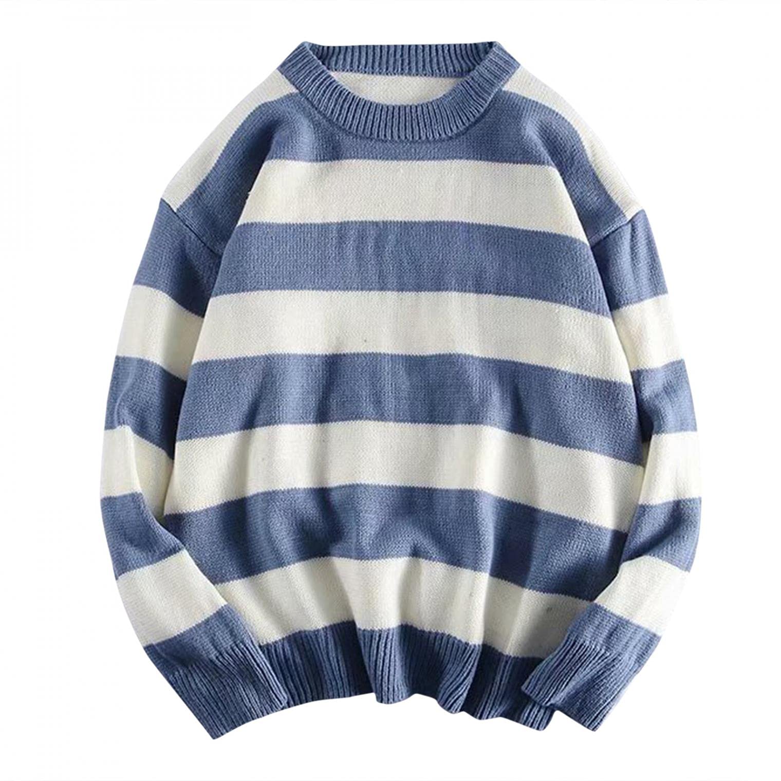 LEIYAN Mens Baggy Striped Cable Knitted Sweaters Long Sleeve Color Block Rib Knit Pullover Soft Sweatshirt Jumpers Blue