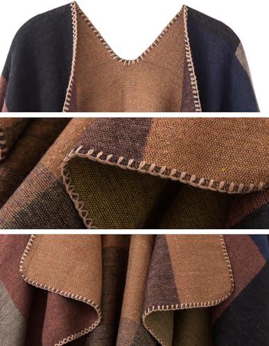 PAMEILA Women's Travel Plaid Shawl Wraps Open Front Poncho Cape Warm Oversized Sweaters Casual Cardigan Shawls for Fall Winter,Series 01-Khaki